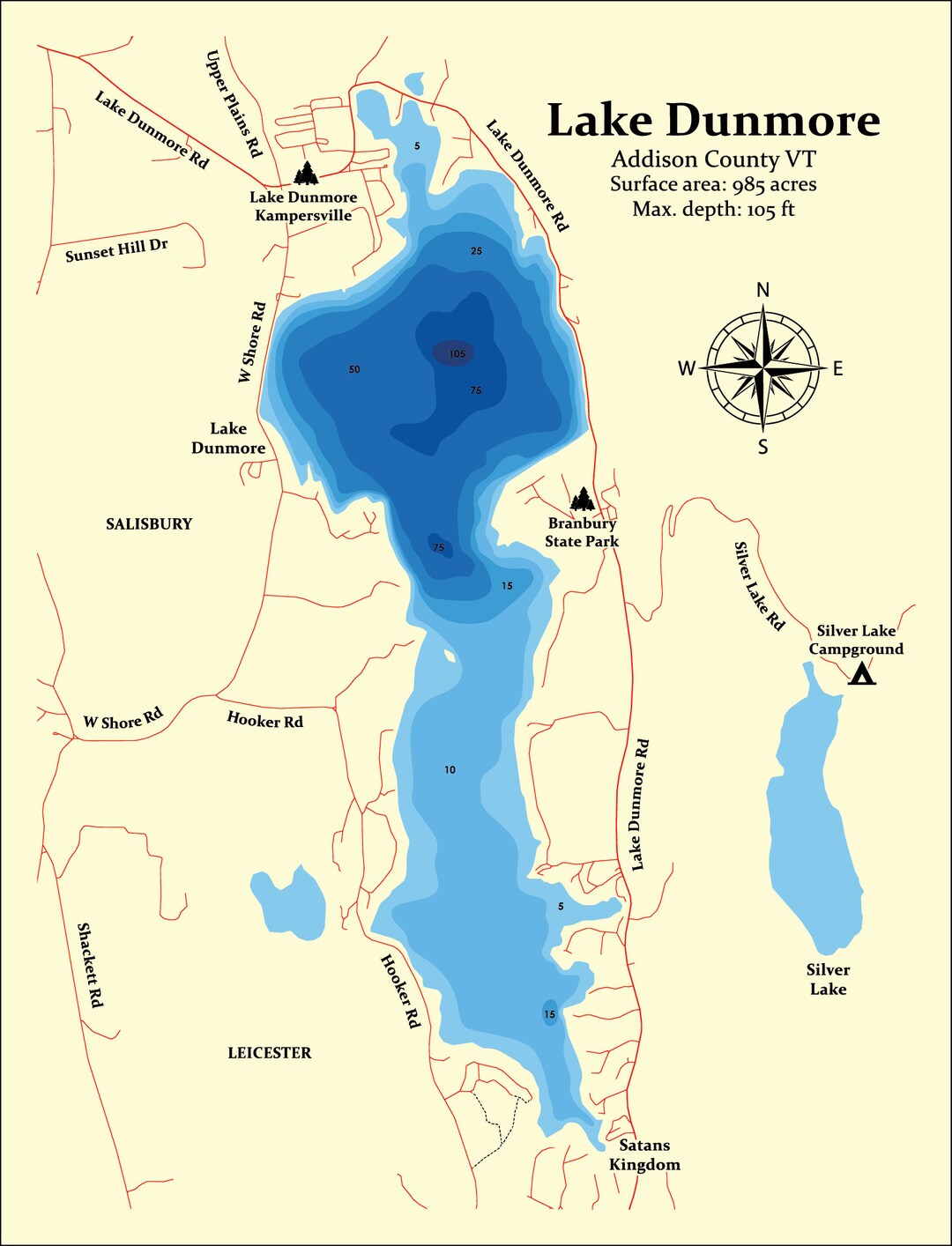 Digital File PDF, SVG Lake Dunmore Vermont Map Bathymetric Depth Layers ...