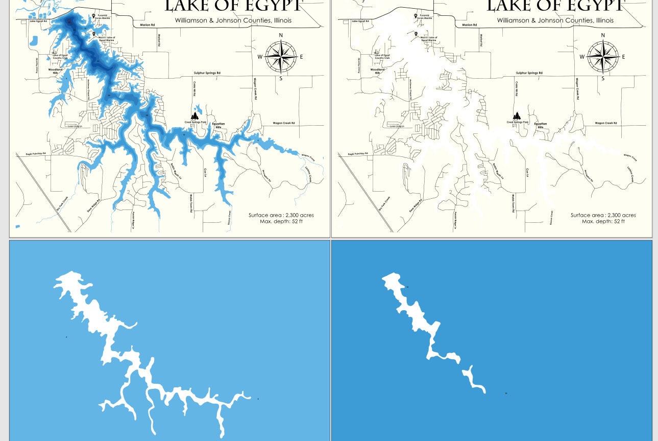 Digital File PDF, SVG - Lake of Egypt Illinois Map, Bathymetric Depth ...