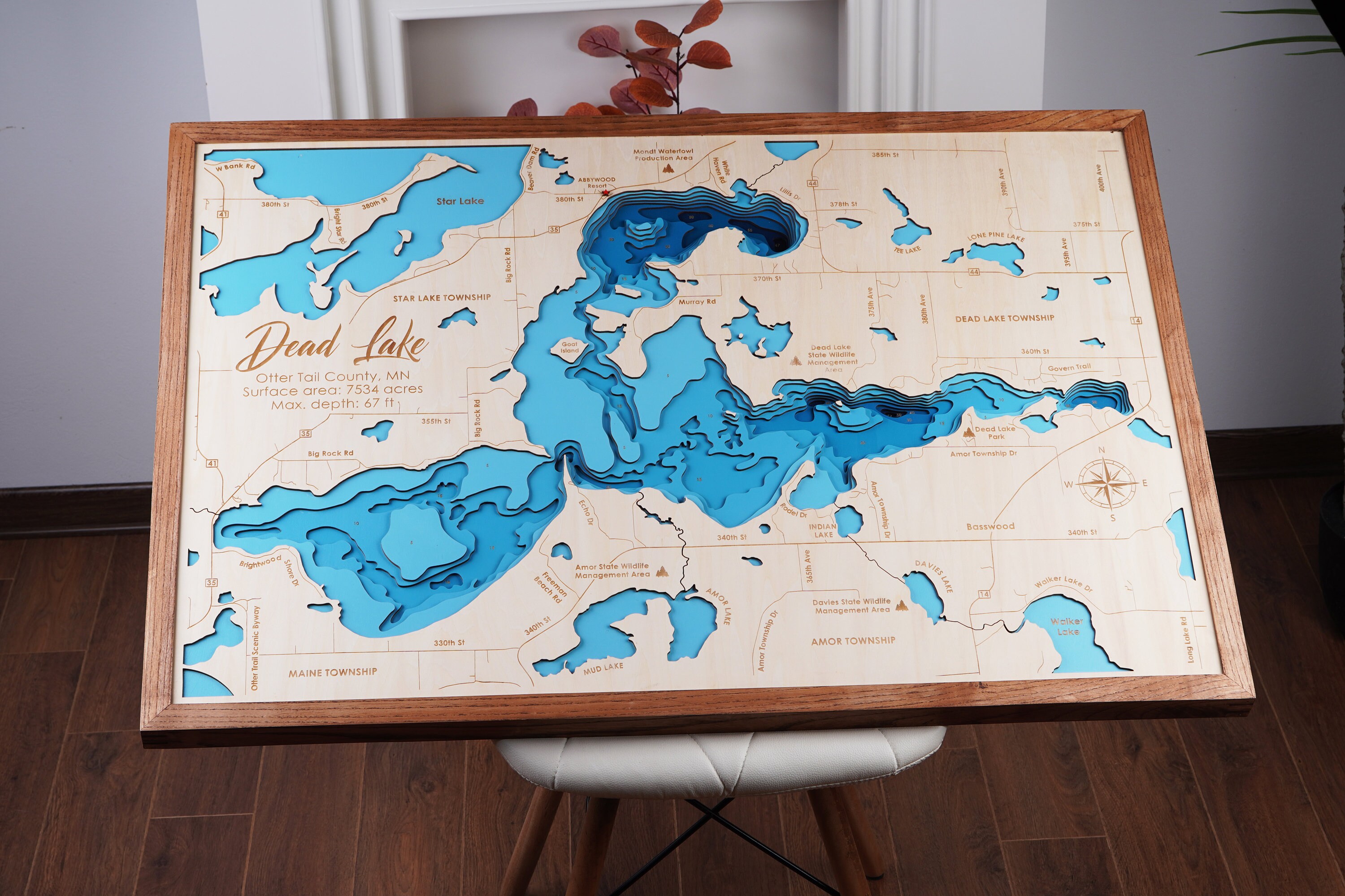 Dead Lake Minnesota Wood Map 3D Custom Lake, Island, Coast Map ...
