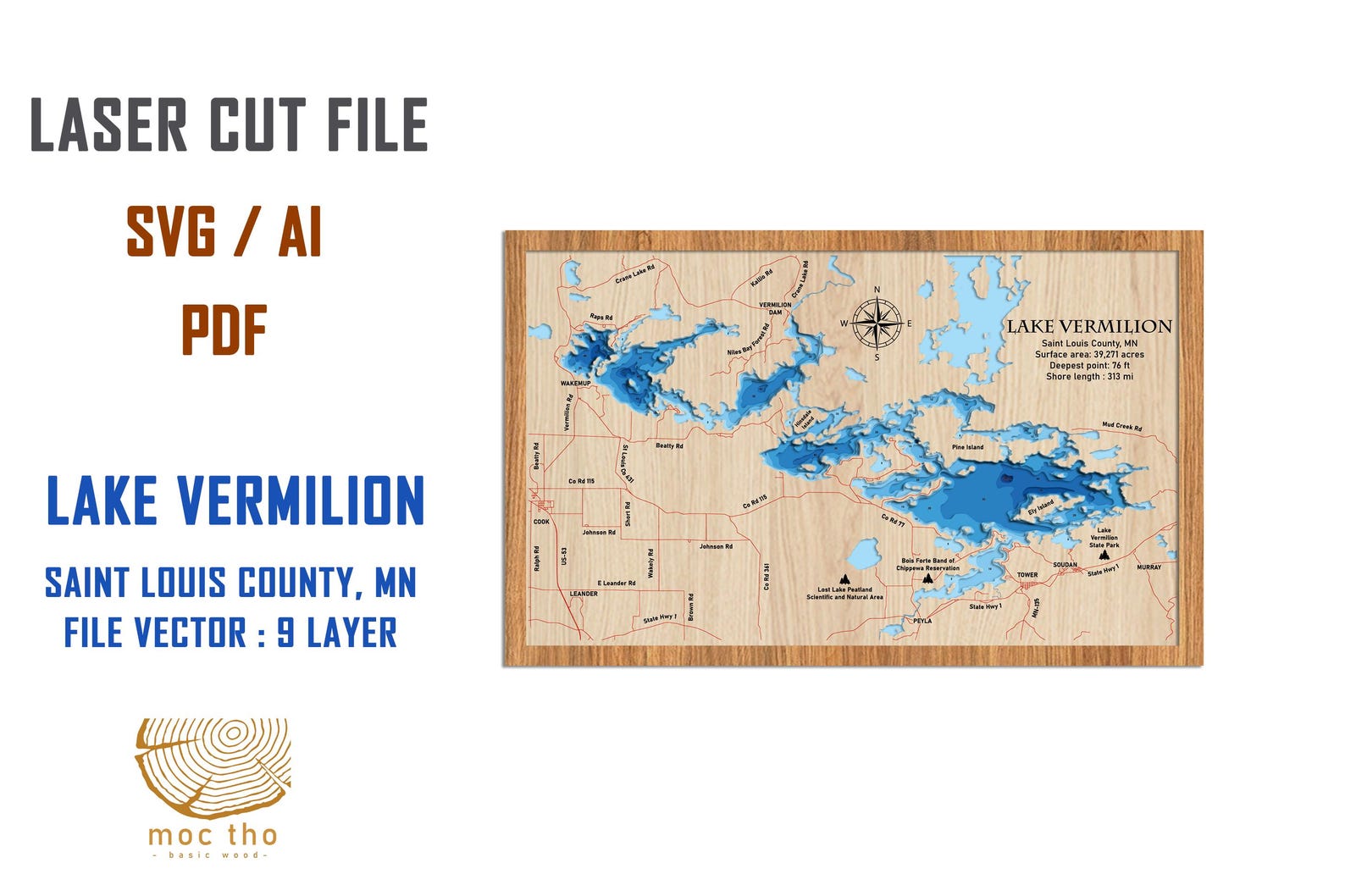 Digital File PDF, SVG - Lake Vermilion Minnesota Bathymetric Depth ...