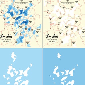 Digital File PDF, SVG Three Lakes Wisconsin Map Bathymetric Depth ...