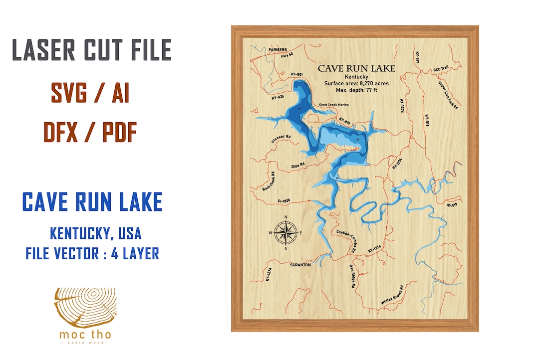 Digital File PDF, SVG - Cave Run Lake Kentucky Map Bathymetric Depth ...
