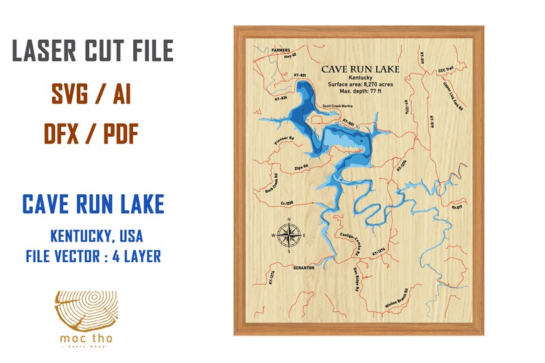 Digital File PDF, SVG - Cave Run Lake Kentucky Map Bathymetric Depth ...