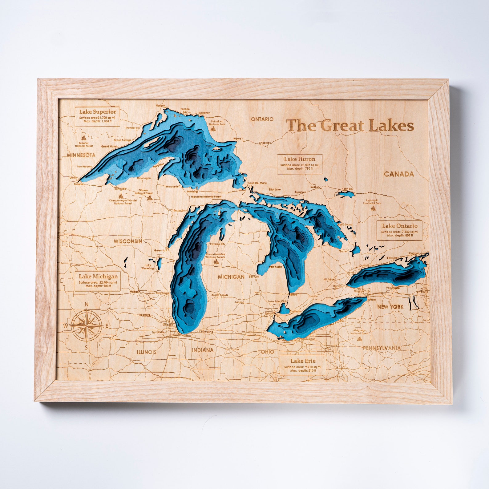 The Great Lakes Map Wood - Custom 3D Map Wood Bathymatric Map, Custom ...