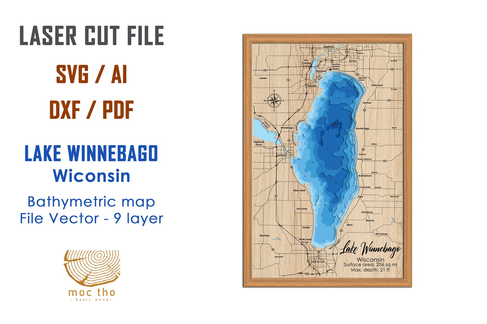 Digital File PDF, SVG - Lake Winnebago Wisconsin Map, Bathymetric Depth ...