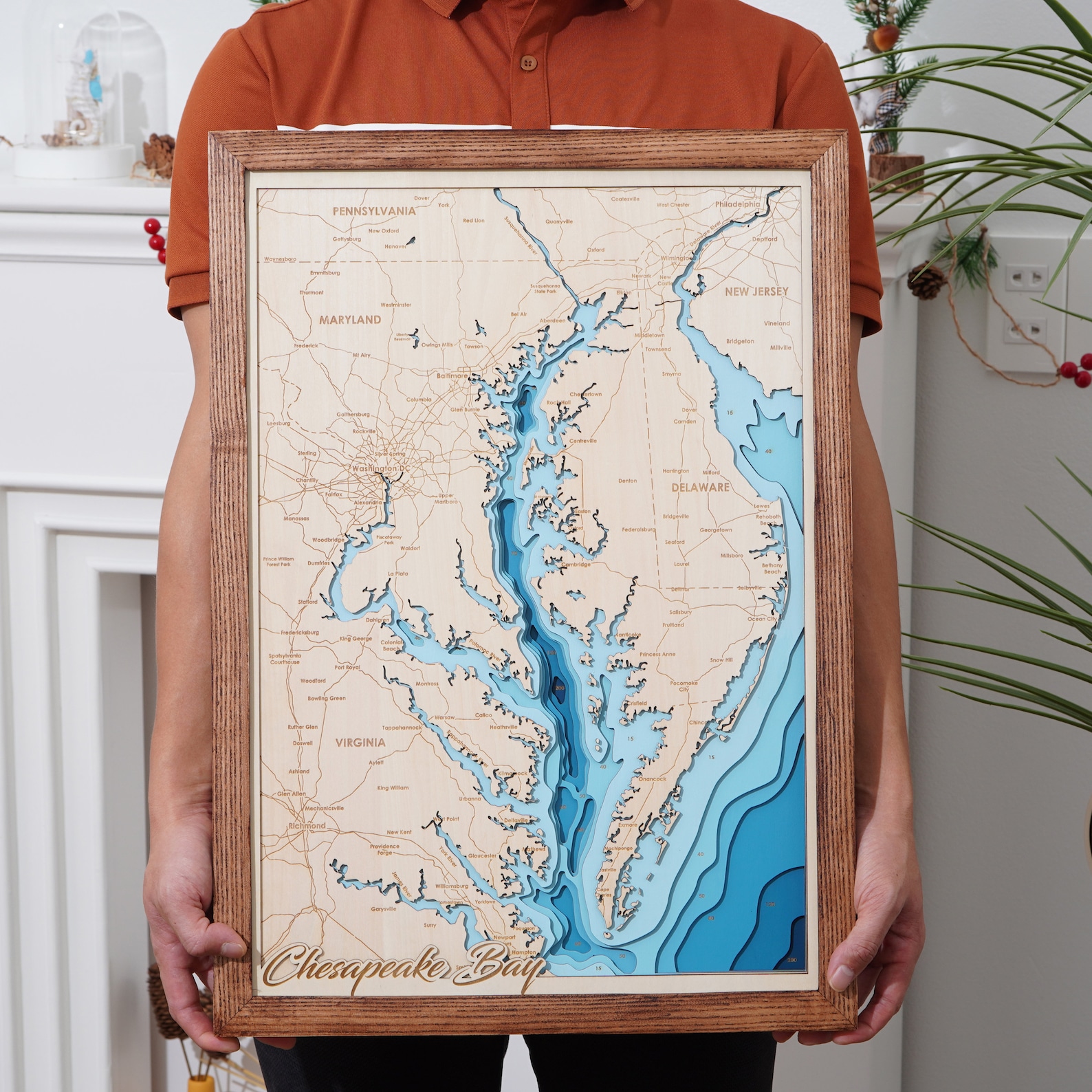 Chesapeake Bay Map Wood - Custom 3D - 7 Layer Map Wood Bathymatric Map ...