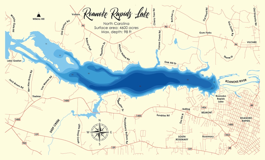 Digital File PDF, SVG Roanoke Rapids Lake North Carolina, Bathymetric ...