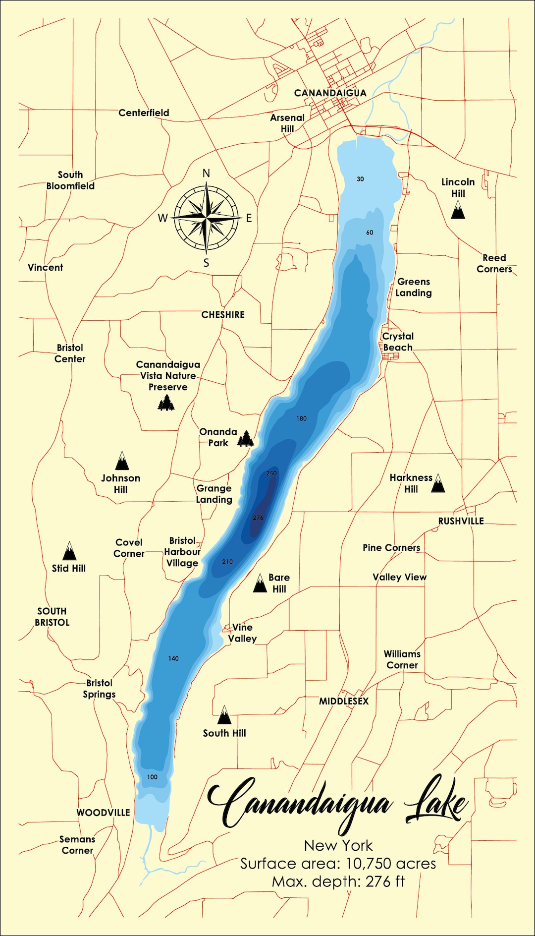 Digital File PDF, SVG Lake Canandaigua New York Map, Bathymetric Depth ...