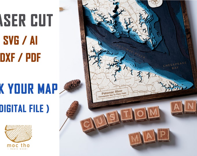 Digital File DXF, AI, SVG Custom Map Wood Bathymetric Map , Custom Wood ...