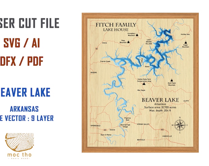Digital File PDF, SVG Beaver Lake Arkansas Map Bathymetric Depth Layers ...