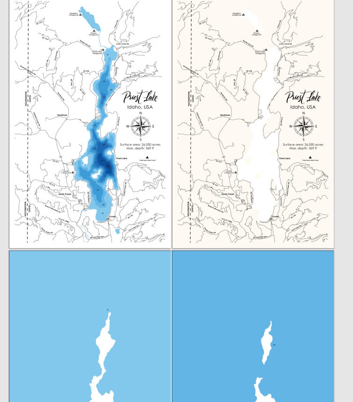 Digital File PDF, SVG - Priest Lake Idaho Map Bathymetric Depth Layers ...