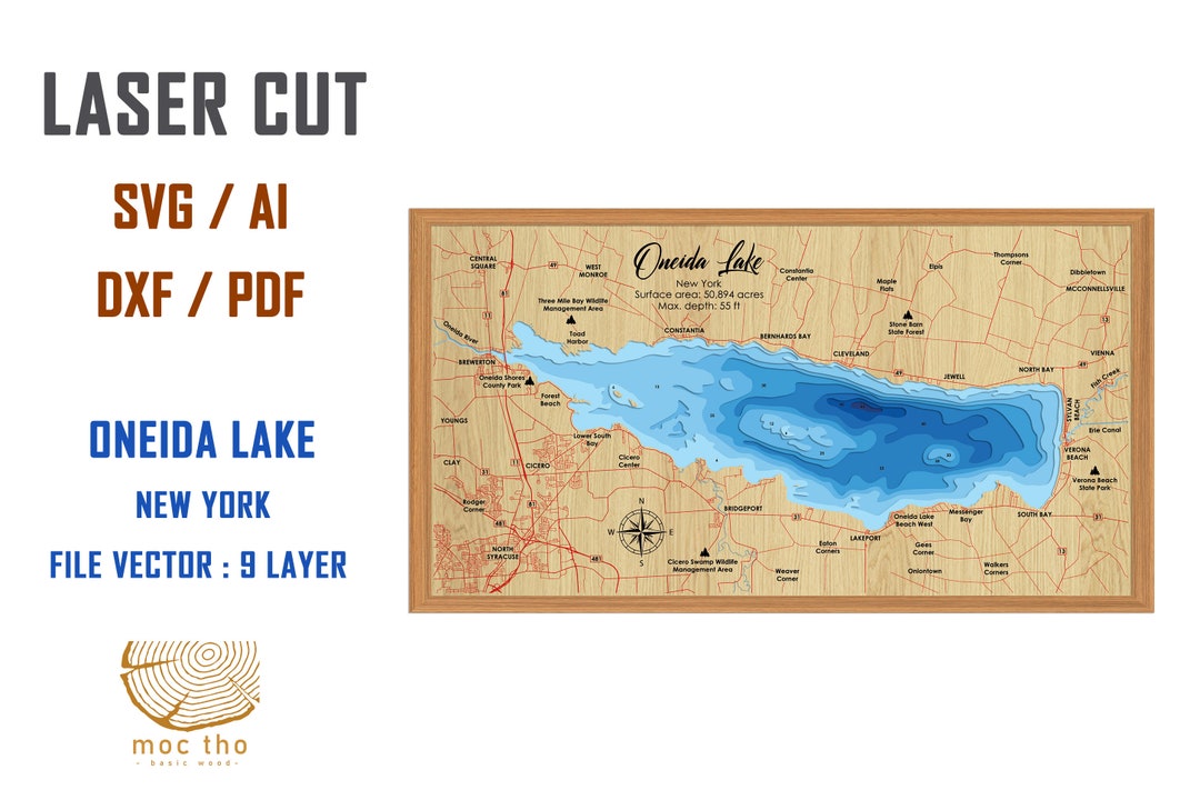 Digital File PDF, SVG - Oneida Lake, New York Map, Bathymetric Depth ...