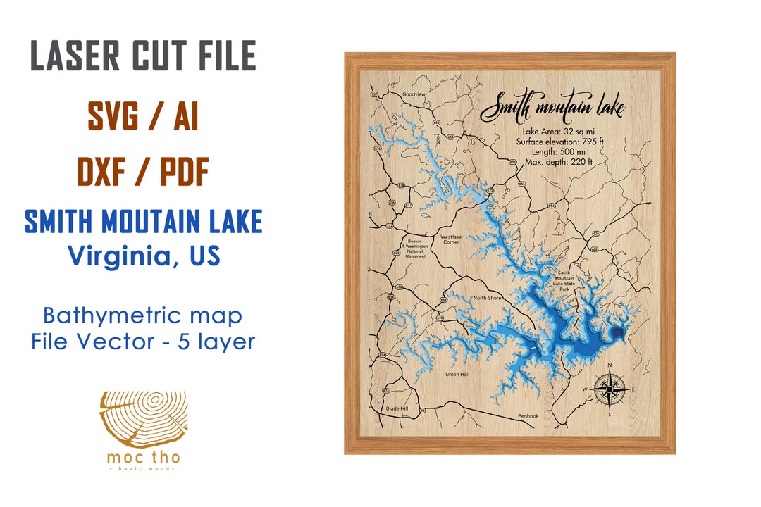 Digital File PDF, SVG - Smith Moutain Lake Map Bathymetric Depth Layers ...