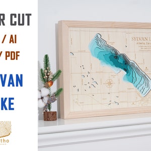Digital File DXF, AI, SVG - Sylvan Lake Alberta Map Wood Bathymetric ...