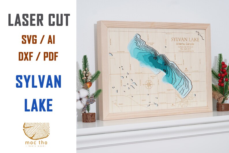 Digital File DXF, AI, SVG - Sylvan Lake Alberta Map Wood Bathymetric ...