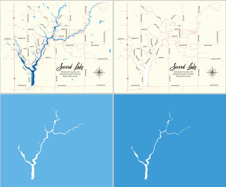 Digital File PDF, SVG - Secord Lake Gladwin Michigan Map Bathymetric ...