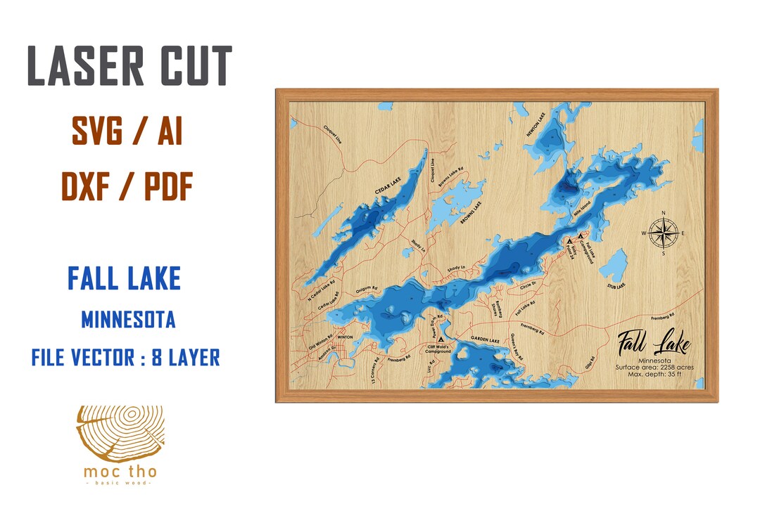 Digital File PDF, SVG - Fall Lake Minnesota Map Bathymetric Depth ...