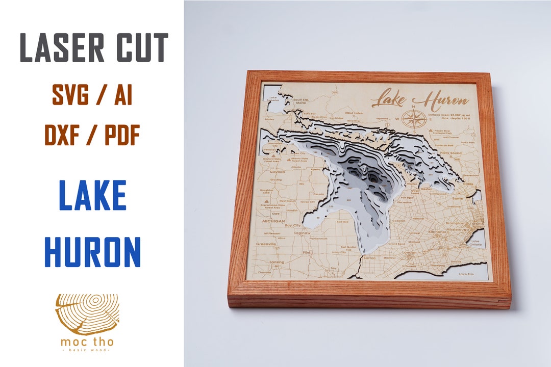 Digital File DXF, AI, SVG - Lake Huron Map Wood Bathymetric Map ...
