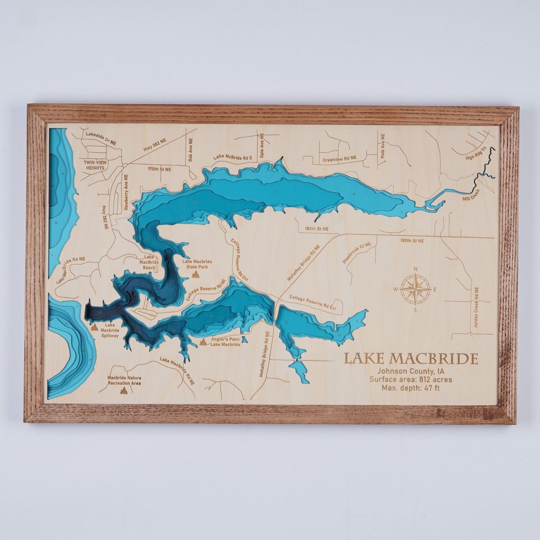 Lake Macbride Iowa Wood Map 3D Custom Lake, Island, Coast Map ...