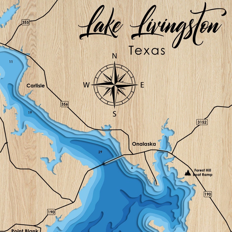Digital File PDF, SVG - Lake Livingston Texas Map Bathymetric Depth ...