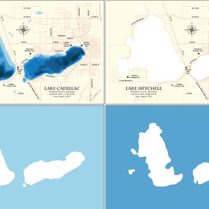Digital File PDF, SVG - Lake Mitchell Lake Cadillac Map Bathymetric ...