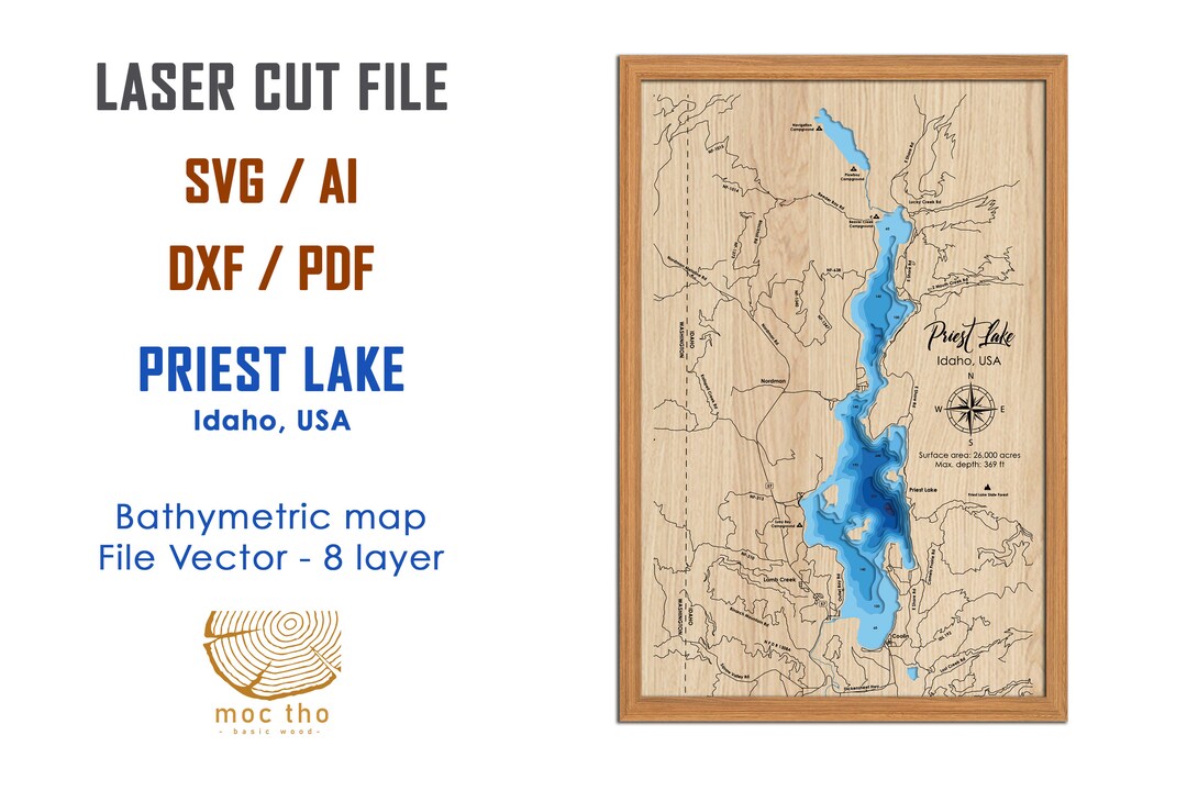 Digital File PDF, SVG - Priest Lake Idaho Map Bathymetric Depth Layers ...