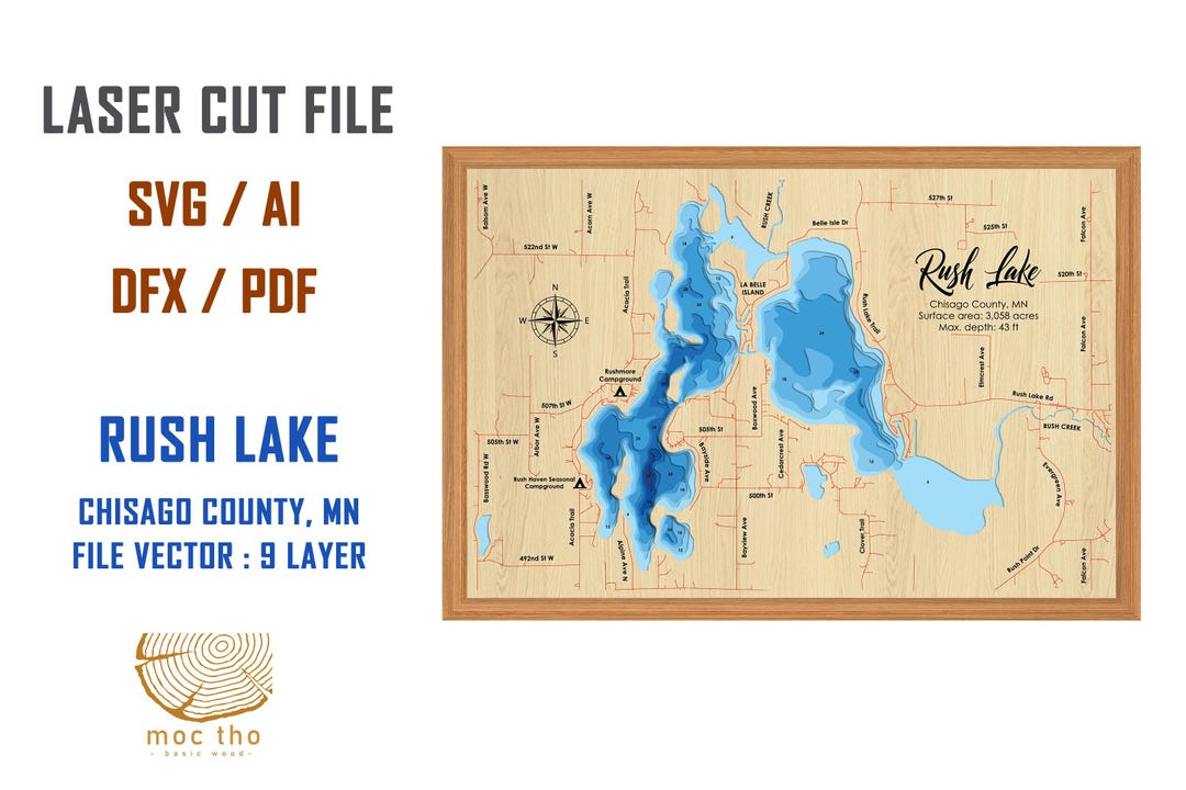 Digital File DXF, AI, SVG - Rush Lake Mn Map Wood Bathymetric Map ...
