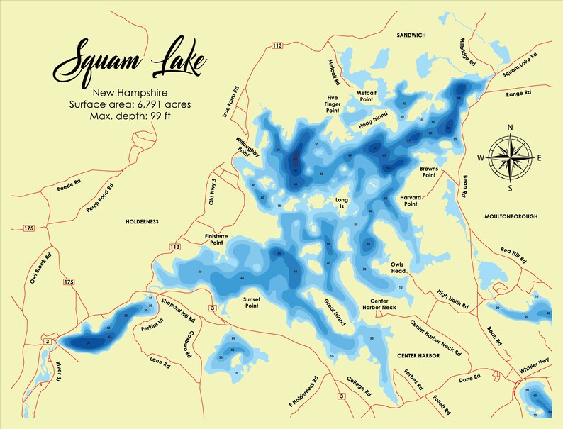 Digital File PDF, SVG Squam Lake New Hampshire Map, Bathymetric Depth ...