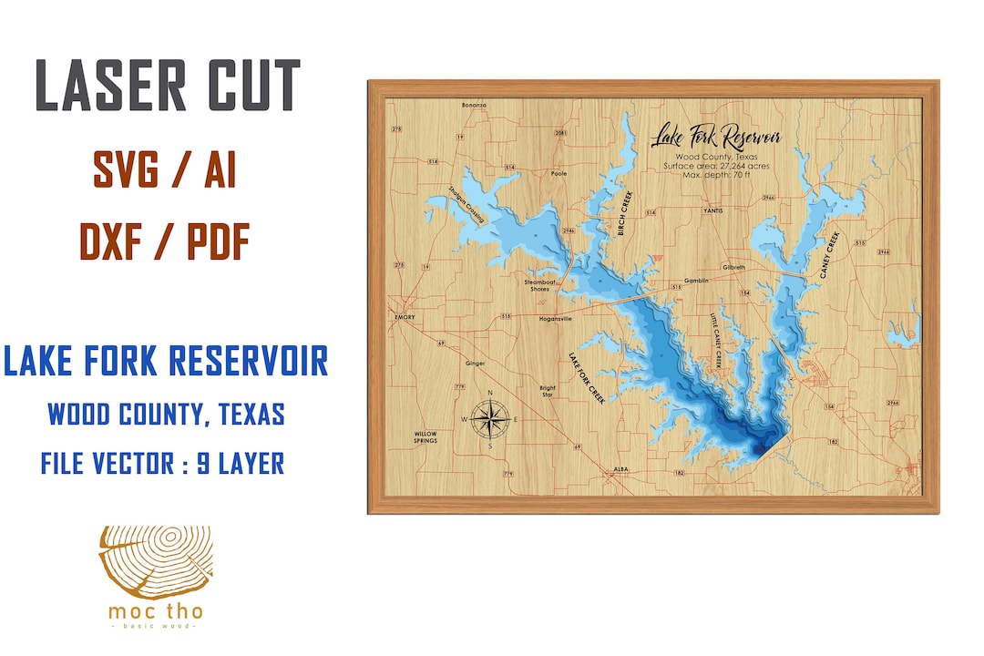 Digital File PDF, SVG - Lake Fork Reservoir Texas Bathymetric Depth ...