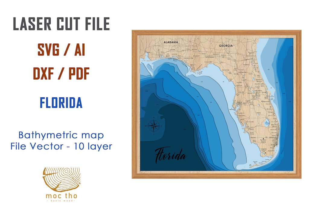 Digital File PDF, SVG - Florida State, Bathymetric Depth Layers SVG ...