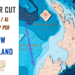 Digital File DXF, AI, SVG - New Zealand Map Wood Bathymatric Map ...