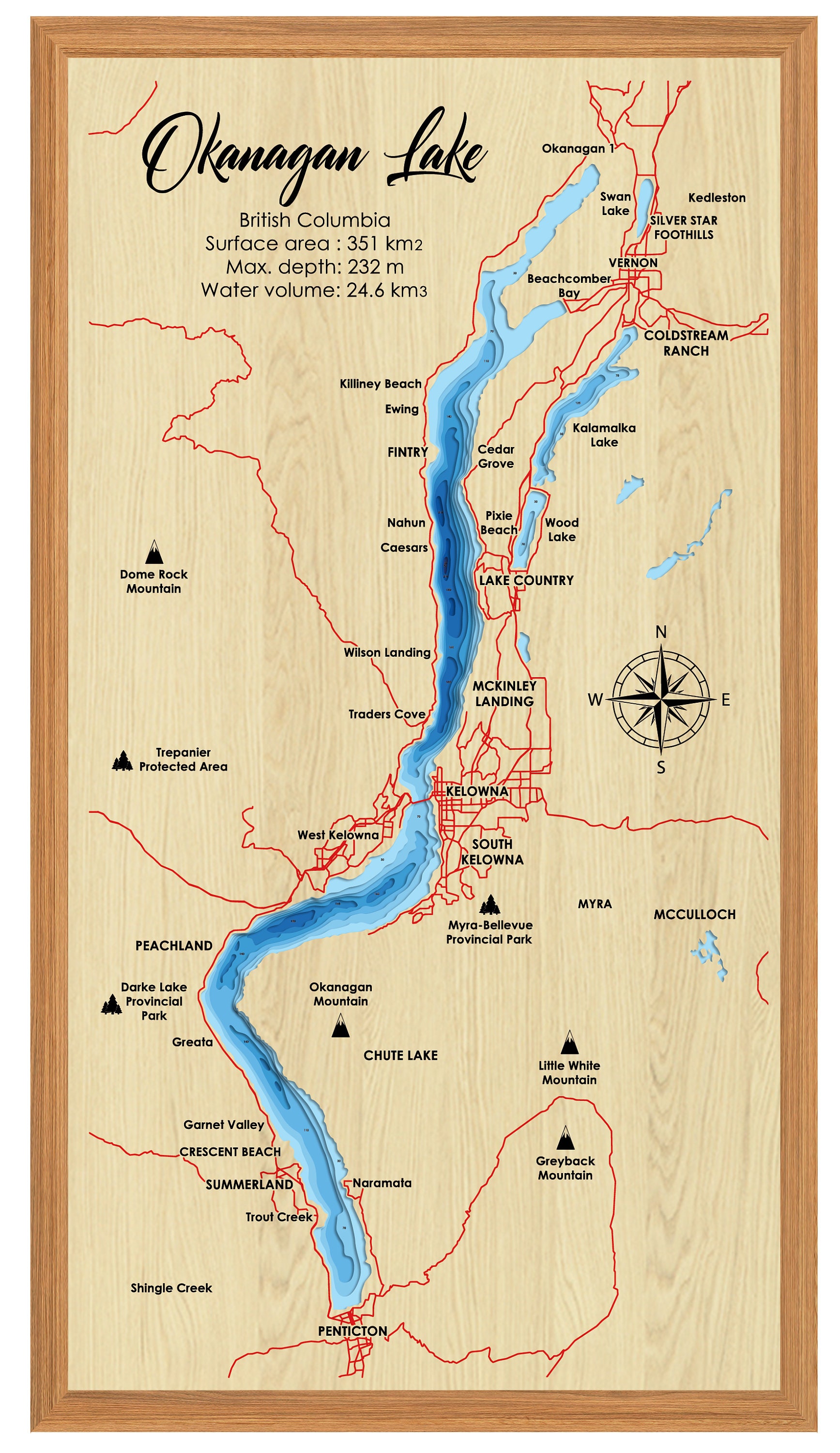 Digital File PDF, SVG - Okanagan Lake British Columbia Map Bathymetric ...