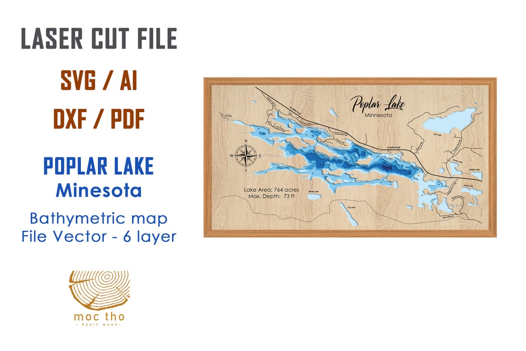 Digital File PDF, SVG - Poplar Lake Minnesota Map Bathymetric Depth ...