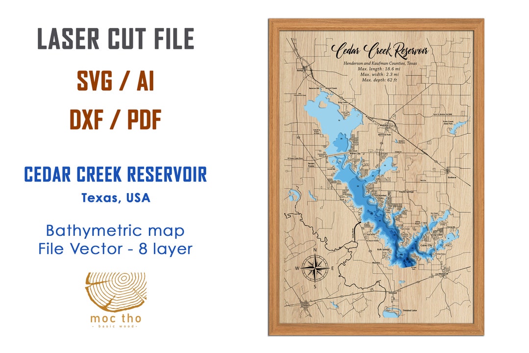 Digital File PDF, SVG - Cedar Creek Reservoir Texas, Bathymetric Depth ...