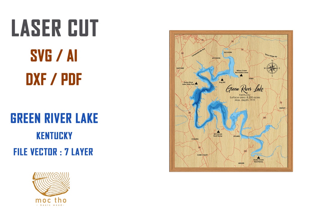 Digital File PDF, SVG - Green River Lake Kentucky Map Bathymetric Depth ...