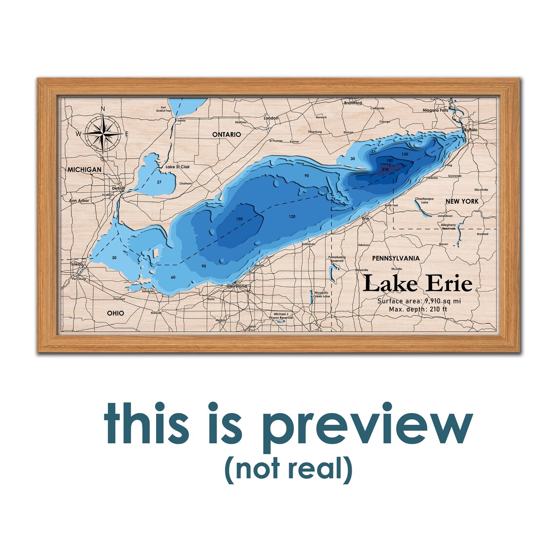 Lake Erie Wood Bathymetric Map Custom Wood Lake River Map - Etsy