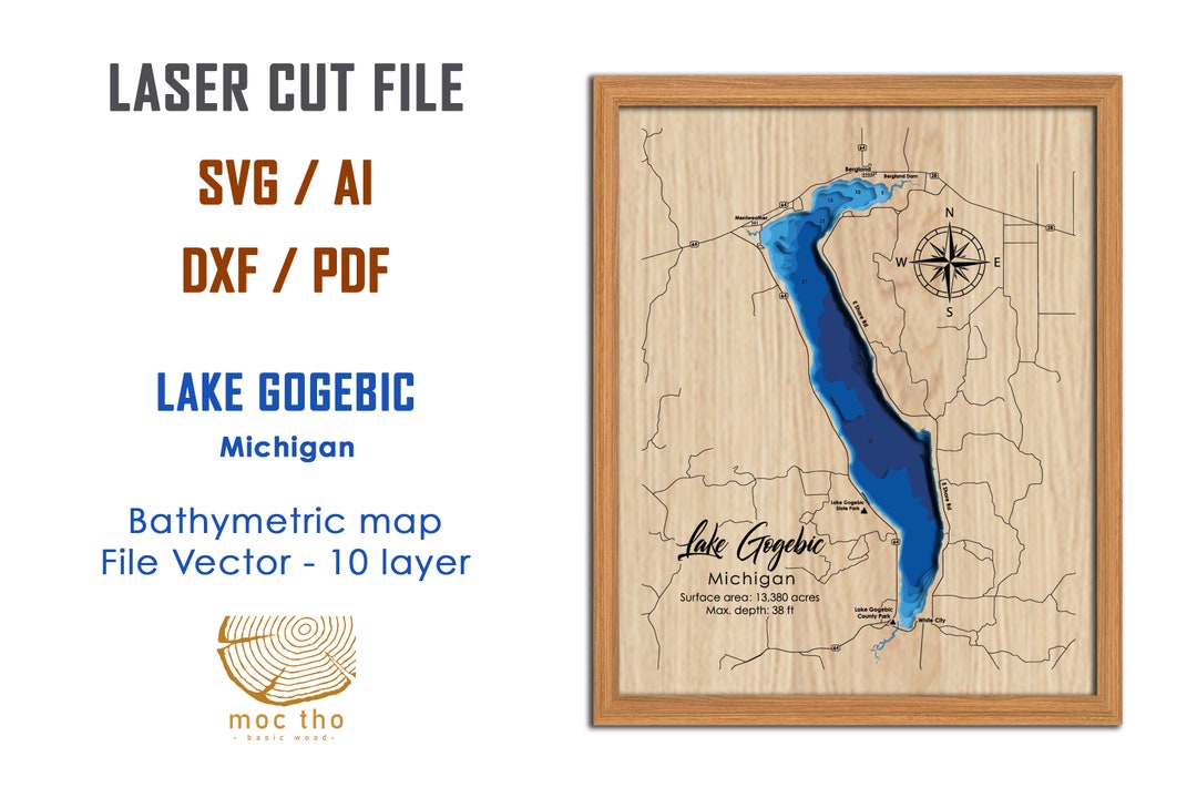 Digital File PDF, SVG - Lake Gogebic Michigan Bathymetric Depth Layers ...