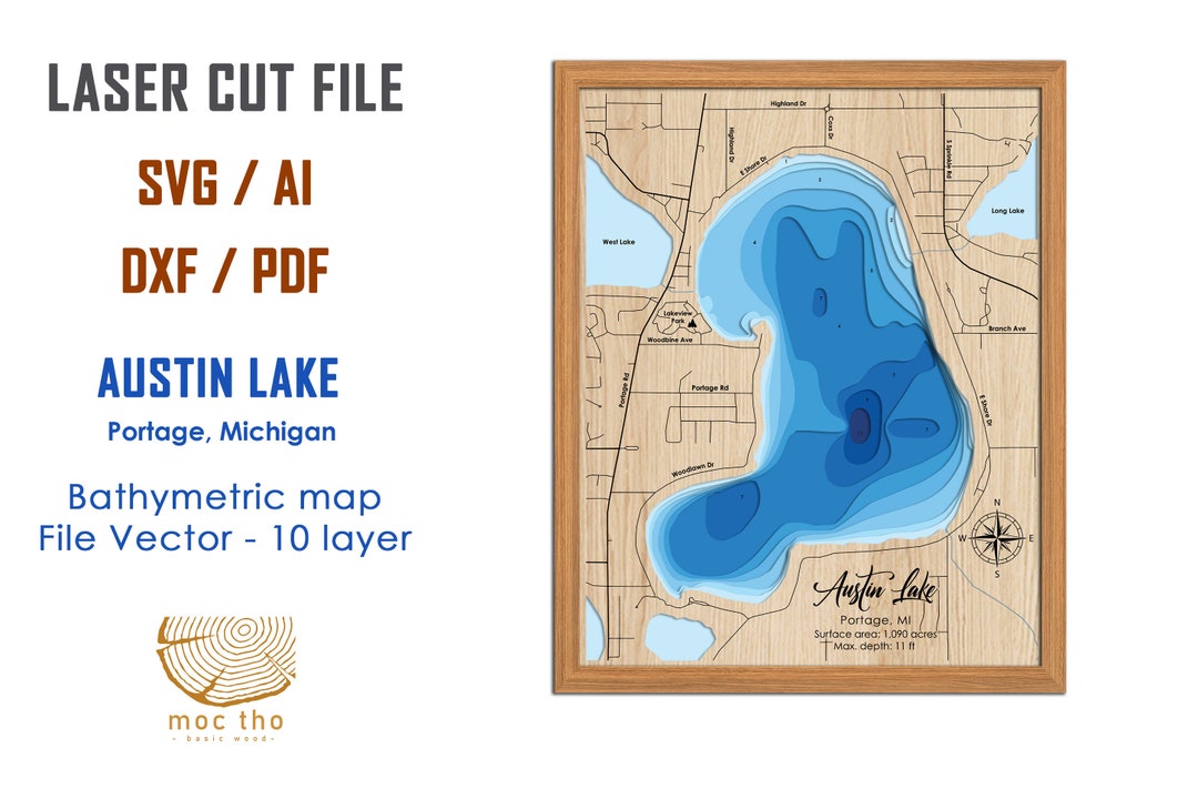 Digital File PDF, SVG - Austin Lake Portage Michigan , Bathymetric ...