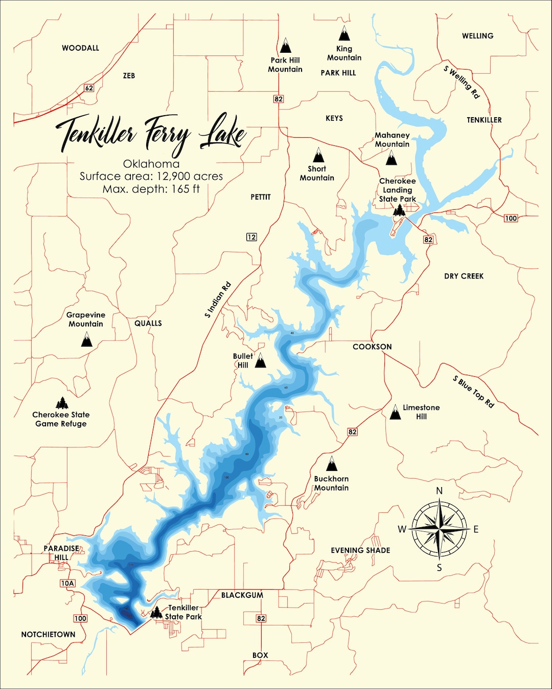 Digital File PDF, SVG Tenkiller Lake Oklahoma, Bathymetric Depth Layers ...