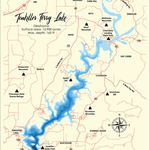 Digital File PDF, SVG - Tenkiller Lake Oklahoma, Bathymetric Depth ...