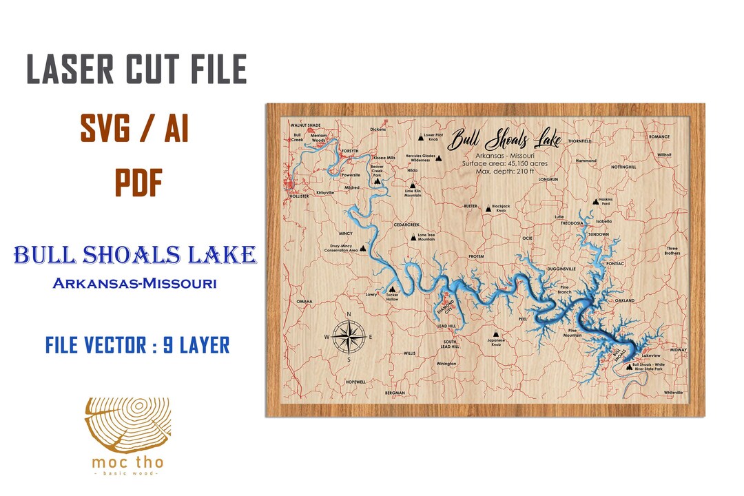 Digital File PDF, SVG - Bull Shoals Lake Missouri Bathymetric Depth ...