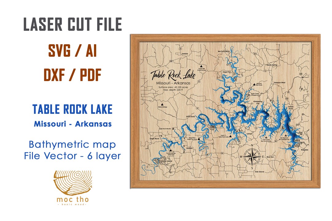 Digital File PDF, SVG - Table Rock Lake, Bathymetric Depth Layers SVG ...