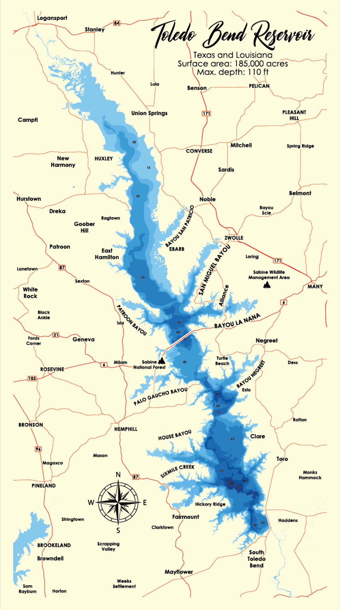 Digital File PDF, SVG Toledo Bend Reservoir Map Bathymetric Depth ...