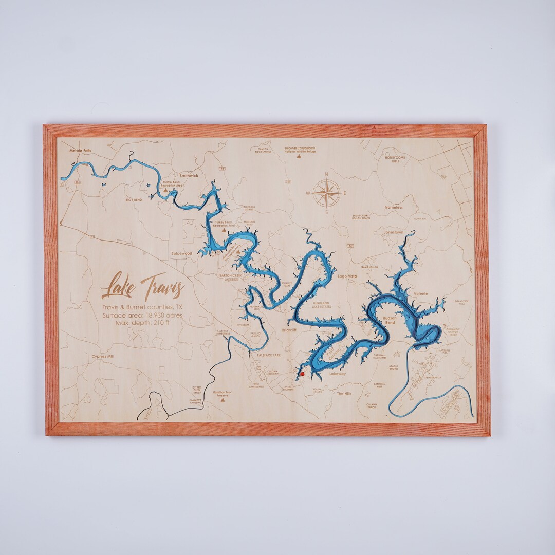 Lake Travis Texas Wood Map 3D Custom Lake, Island, Coast Map ...