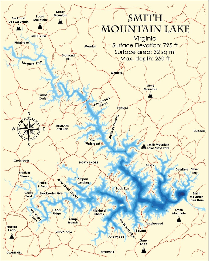 Digital File PDF, SVG - Smith Mountain Lake, Virginia Map Bathymetric ...