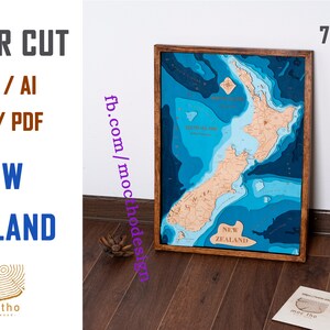 Digital File DXF, AI, SVG - New Zealand Map Wood Bathymatric Map ...