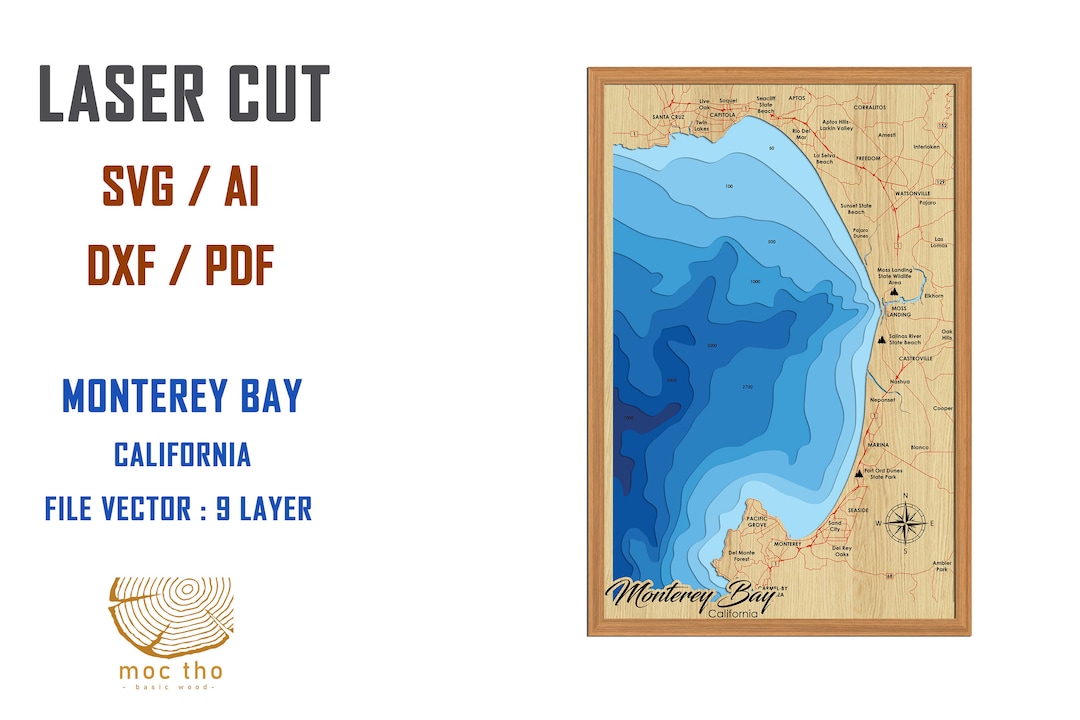 Digital File PDF, SVG - Monterey Bay California Map, Bathymetric Depth ...
