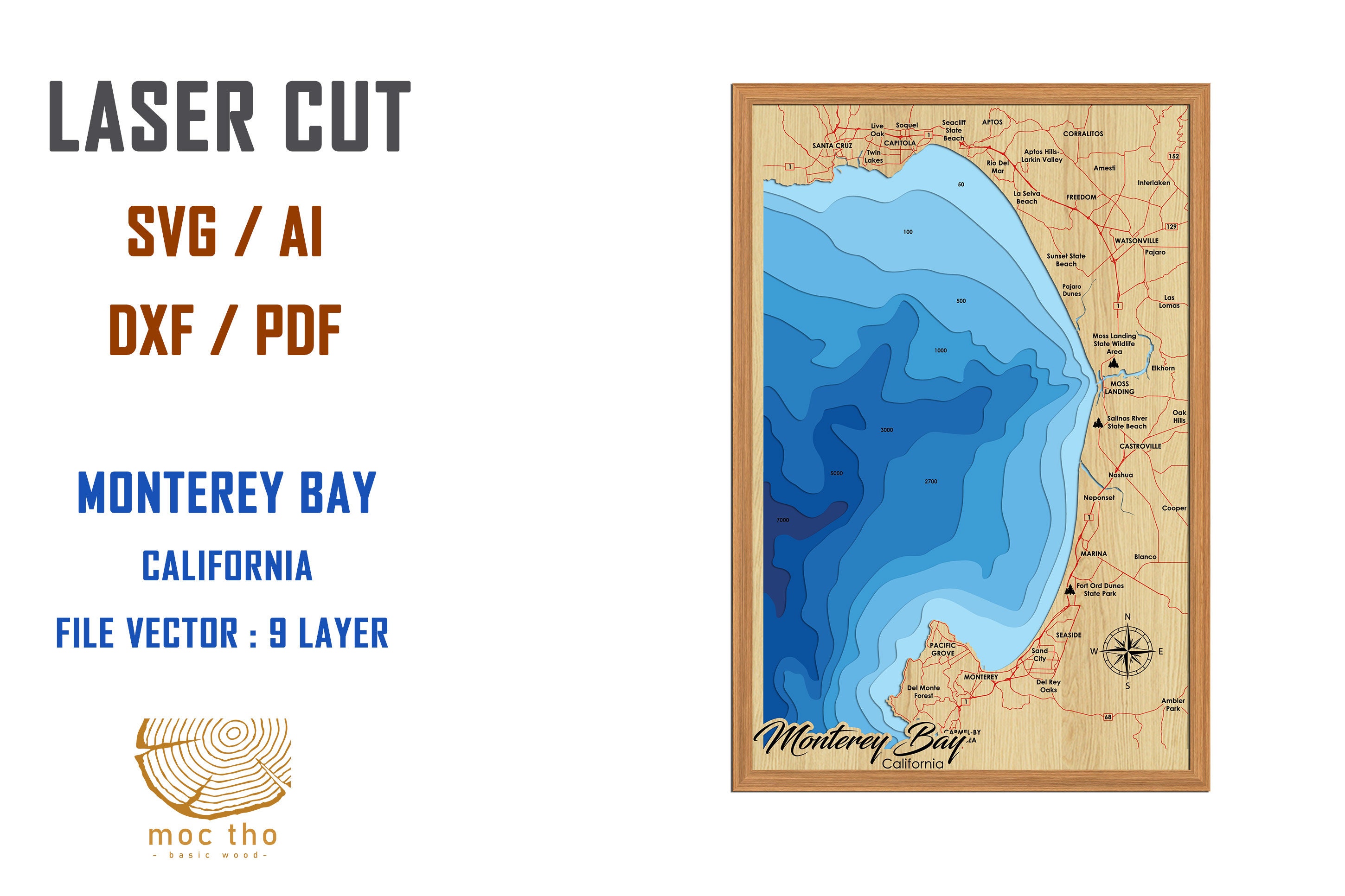 Digital File PDF, SVG - Monterey Bay California Map, Bathymetric Depth ...