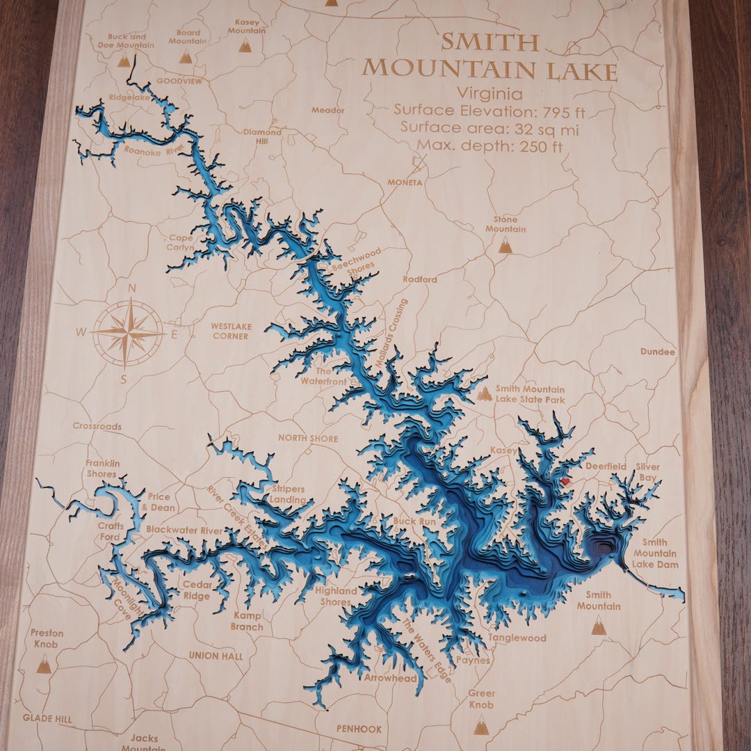 Smith Mountain Lake 9 Layer Map Wood Topographic, Custom Lake Map ...