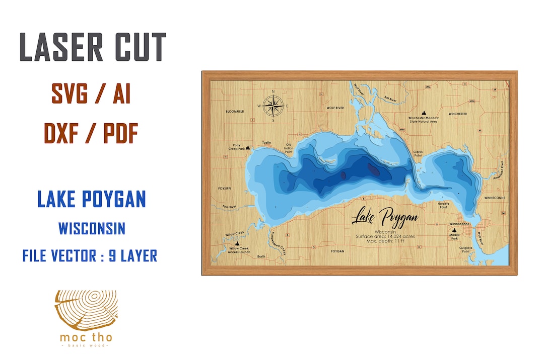 Digital File PDF, SVG - Lake Poygan Wisconsin Bathymetric Depth Layers ...